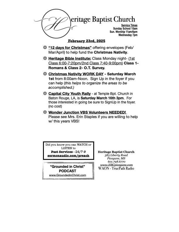 HBC Weekly Bulletin | Heritage Baptist Church